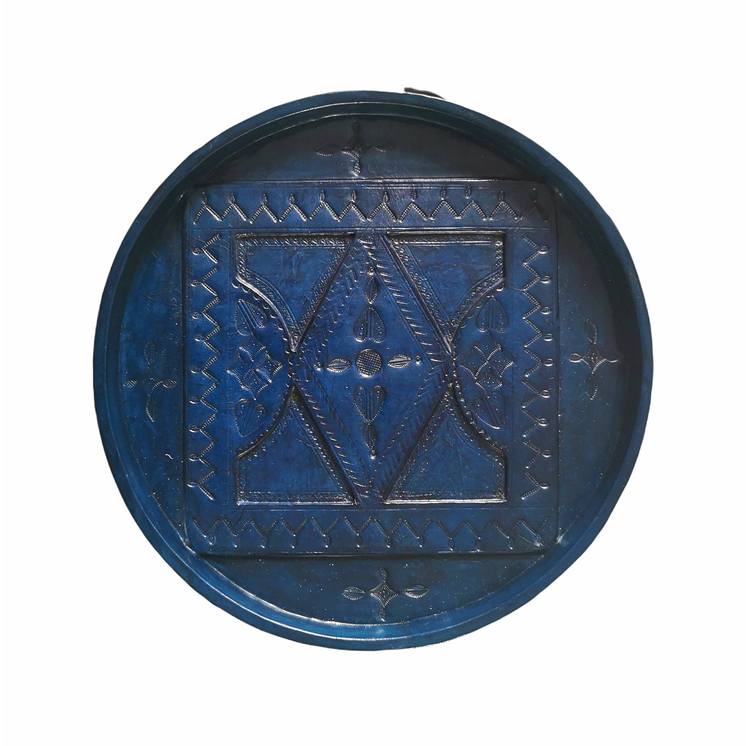 Plateau touareg bois et cuir bleu AYA - D40 cm - Maison Laadani